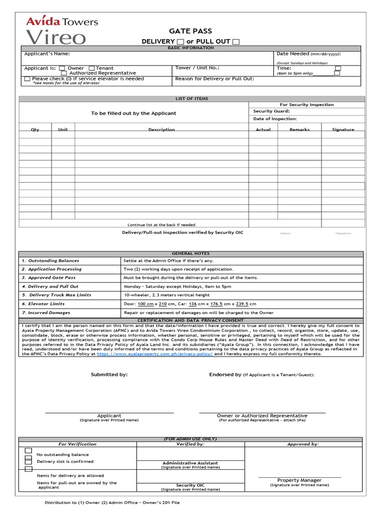 Avida Gates Pass Form | PDF