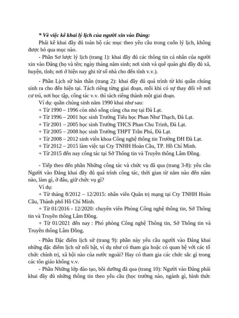 Huong Dan Viet Ly Lịch Của Nguoi Xin Vao Dang | PDF