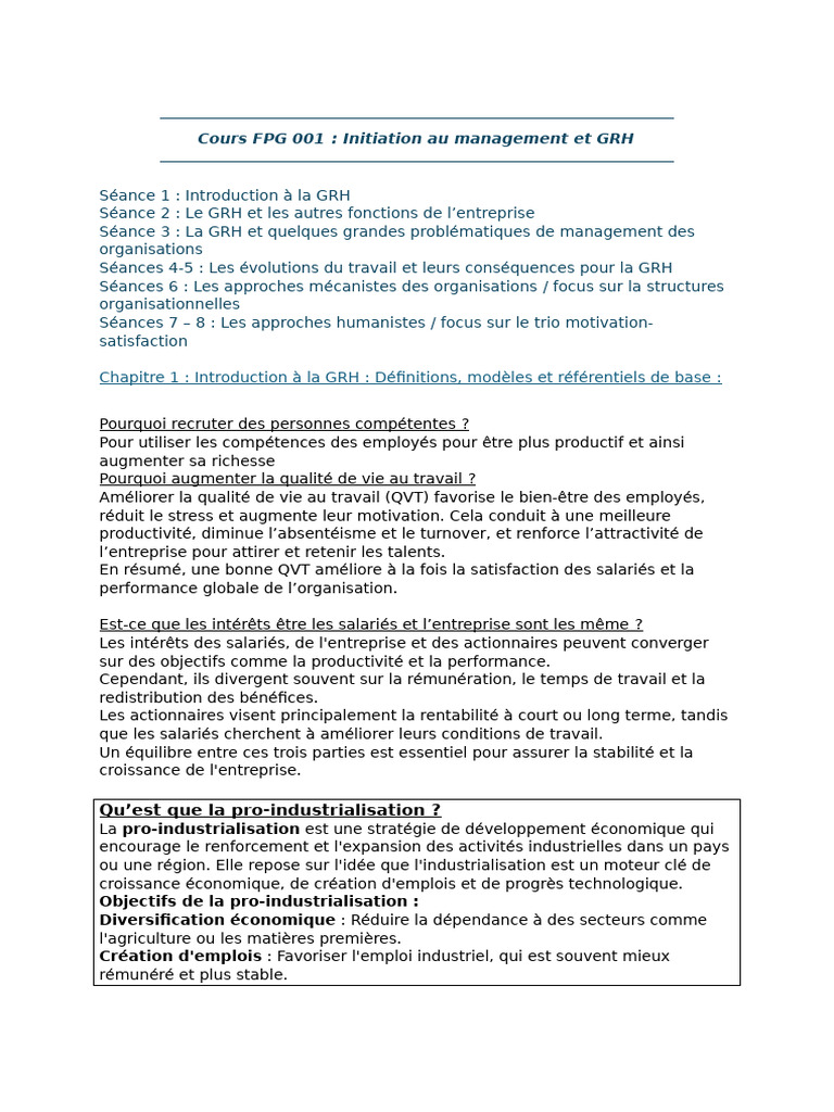 Cours 1 - Initiation Au Management Et GRH | PDF
