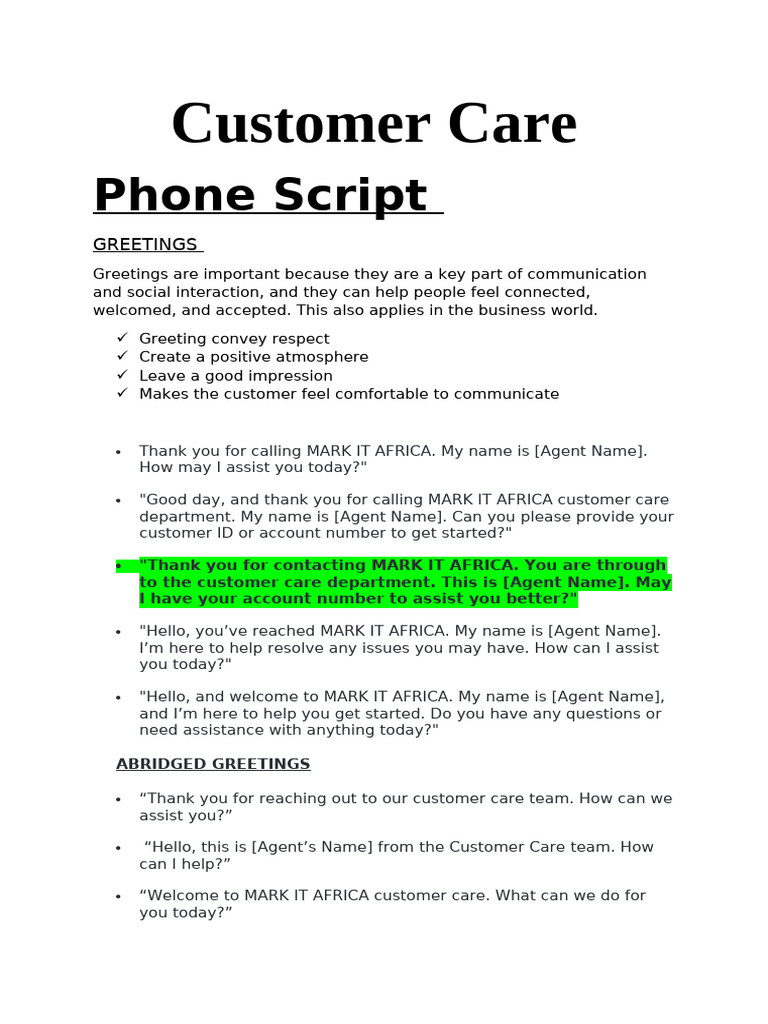 Customer Care Phone Script 2 | PDF