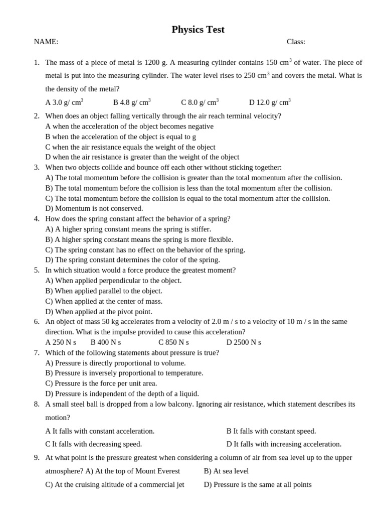 Physics Test 0603 | PDF