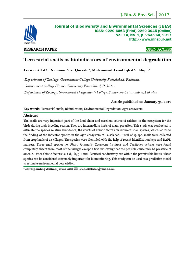 Terrestrial Snails As Bioindicators of Environmental Degradation | PDF ...