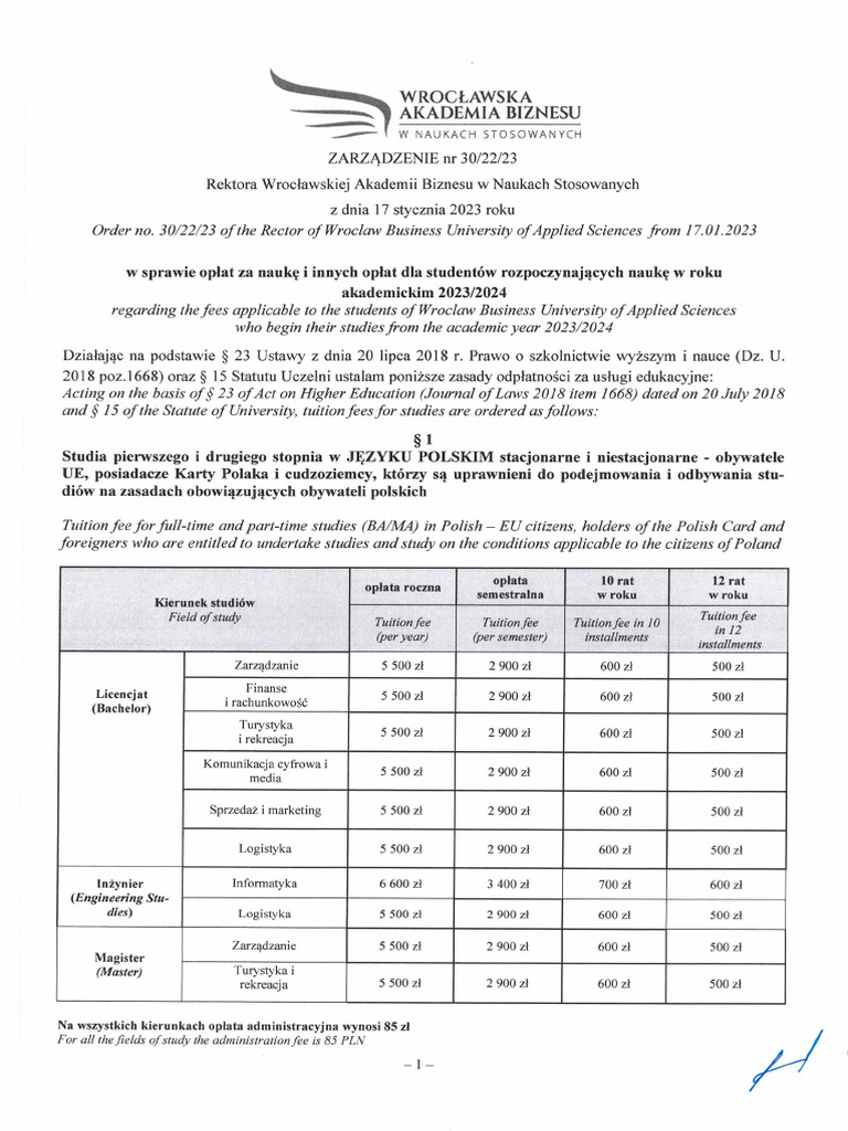 Tuition Fees - Opłaty Za Naukę 2023-2024 | PDF