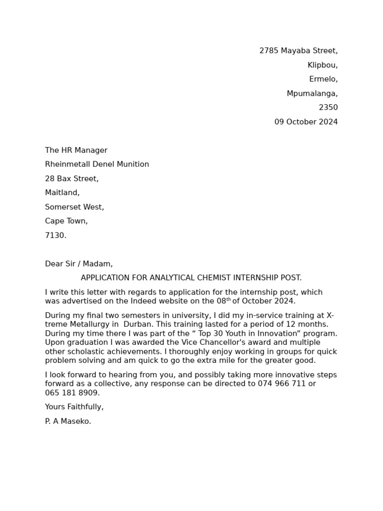 Application Letter for P. a Maseko | PDF