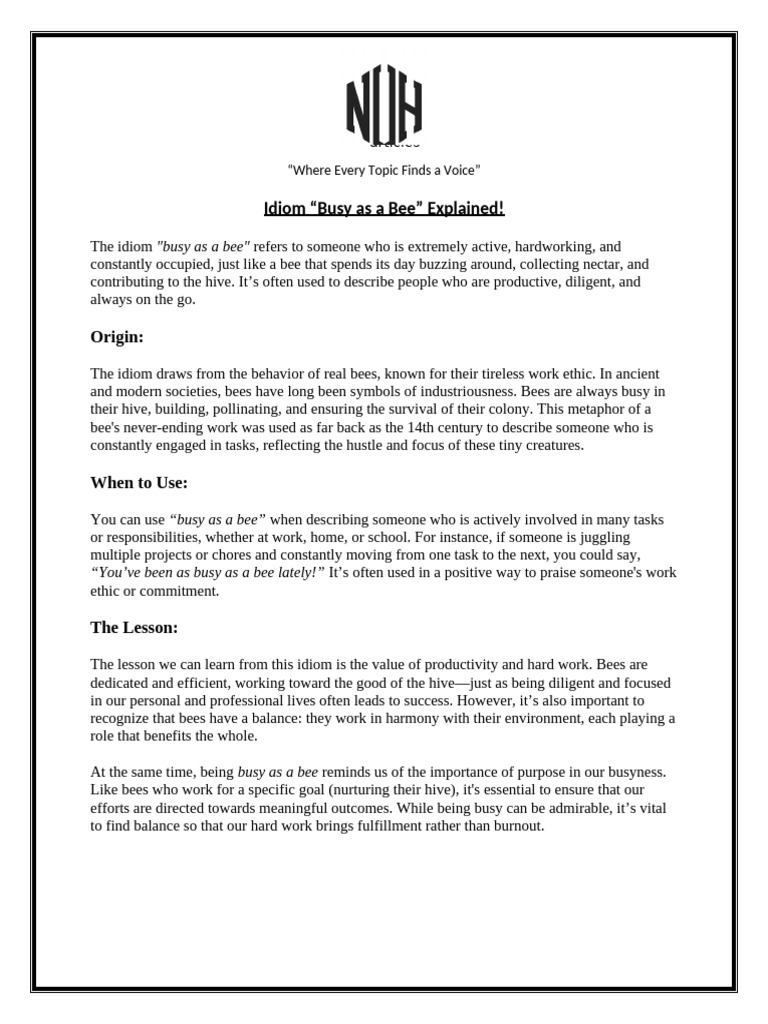 Idiom "Busy As A Bee" Explained! | PDF