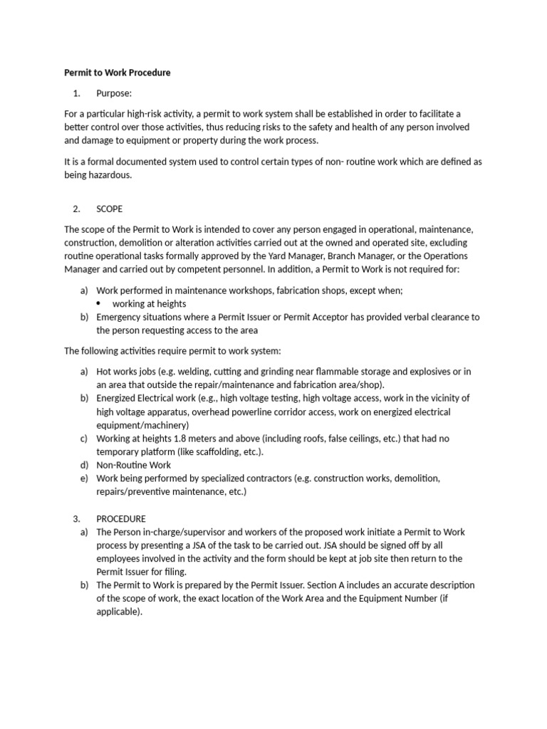 Permit To Work Procedure Form | PDF