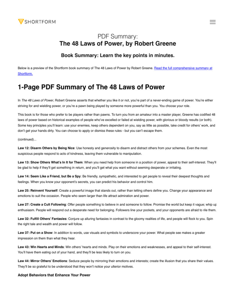 (PDF) The 48 Laws of Power Summary - Robert Greene | PDF
