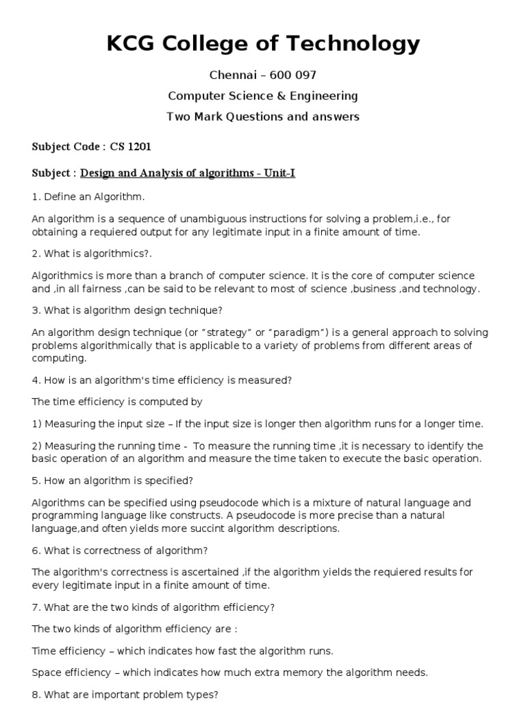 DAA 2 Marks | PDF | Time Complexity | Algorithms