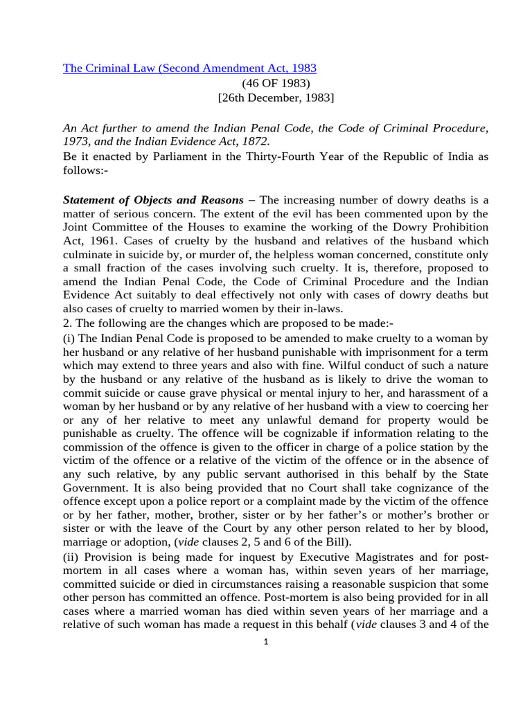 Act 46 of 83 Insertion of 498A in Ipc | PDF | Bail | Criminal Procedure ...