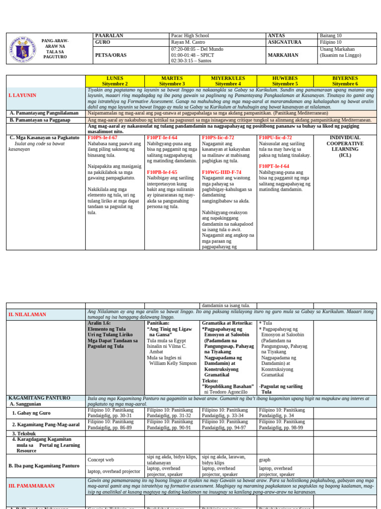 6 DLL IN FILIPINO 10. Aralin 1.6 | PDF