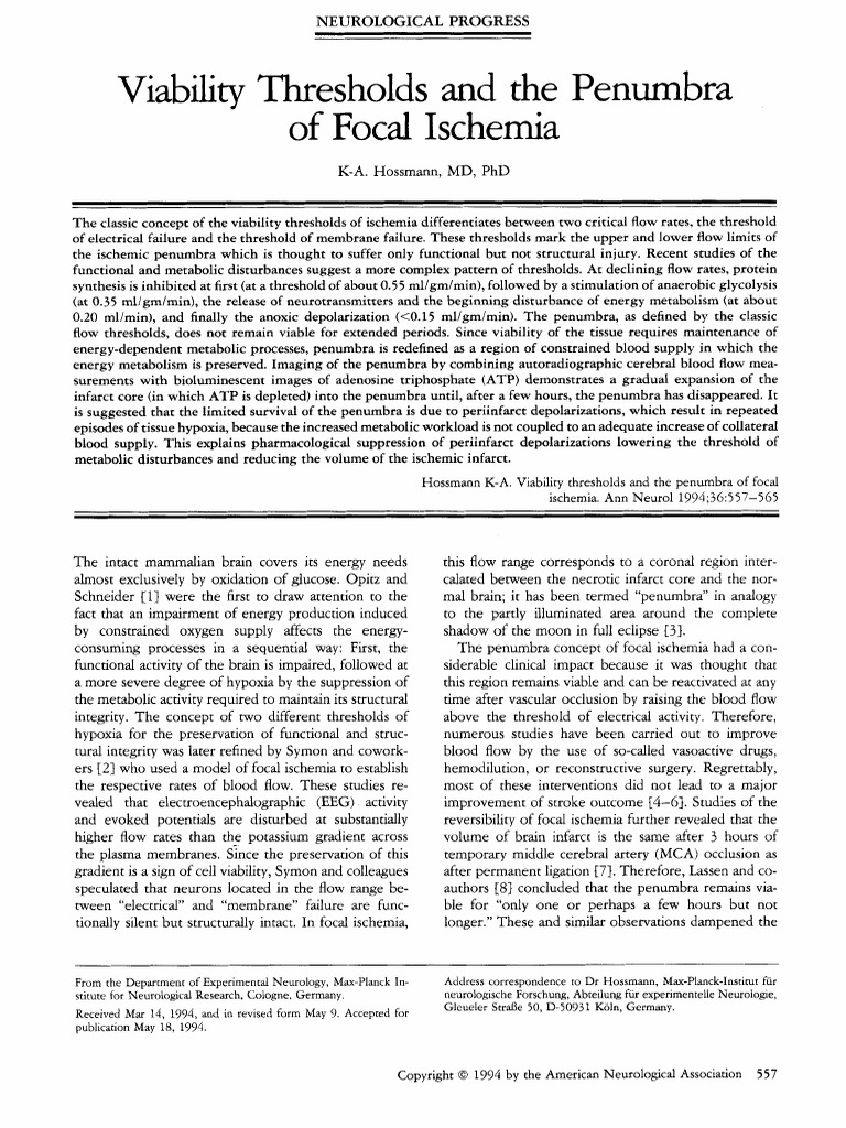 Viability Thresholds and The Penumbra of Focal Ischemia | PDF