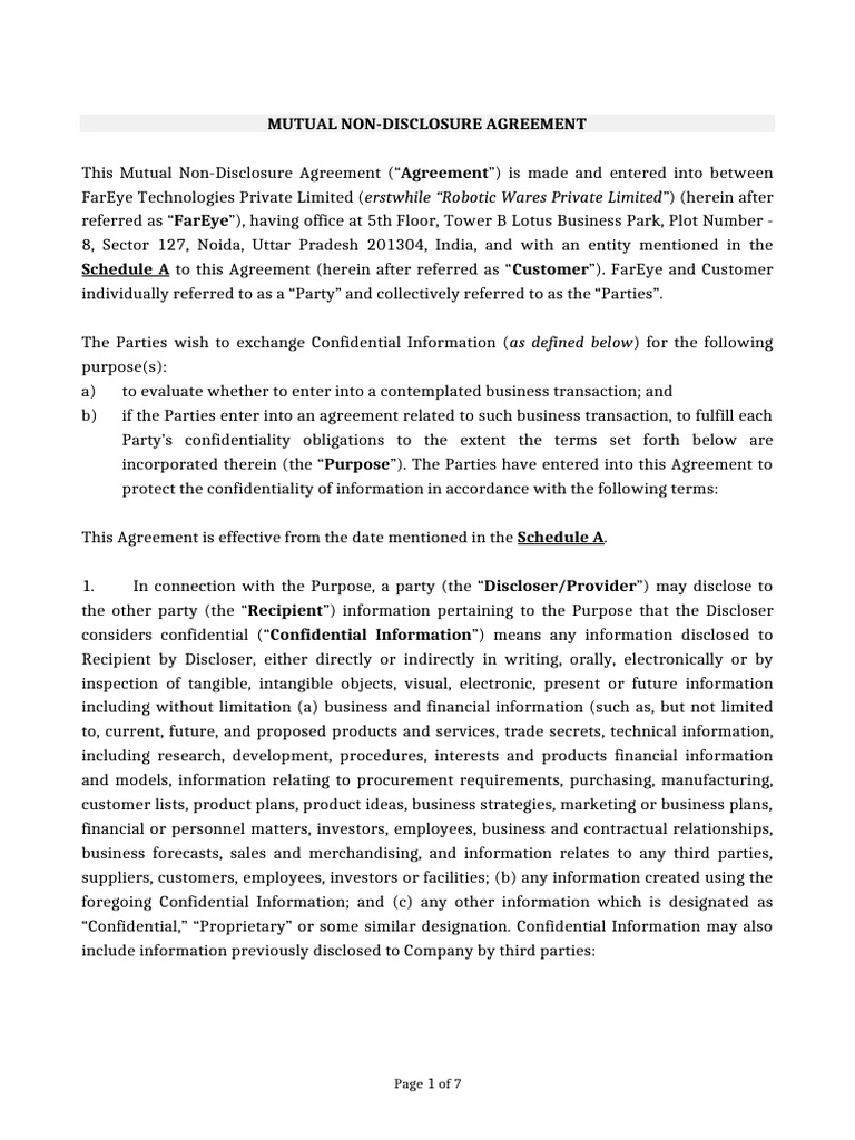 Template Nda India (+ Annexure A) | PDF