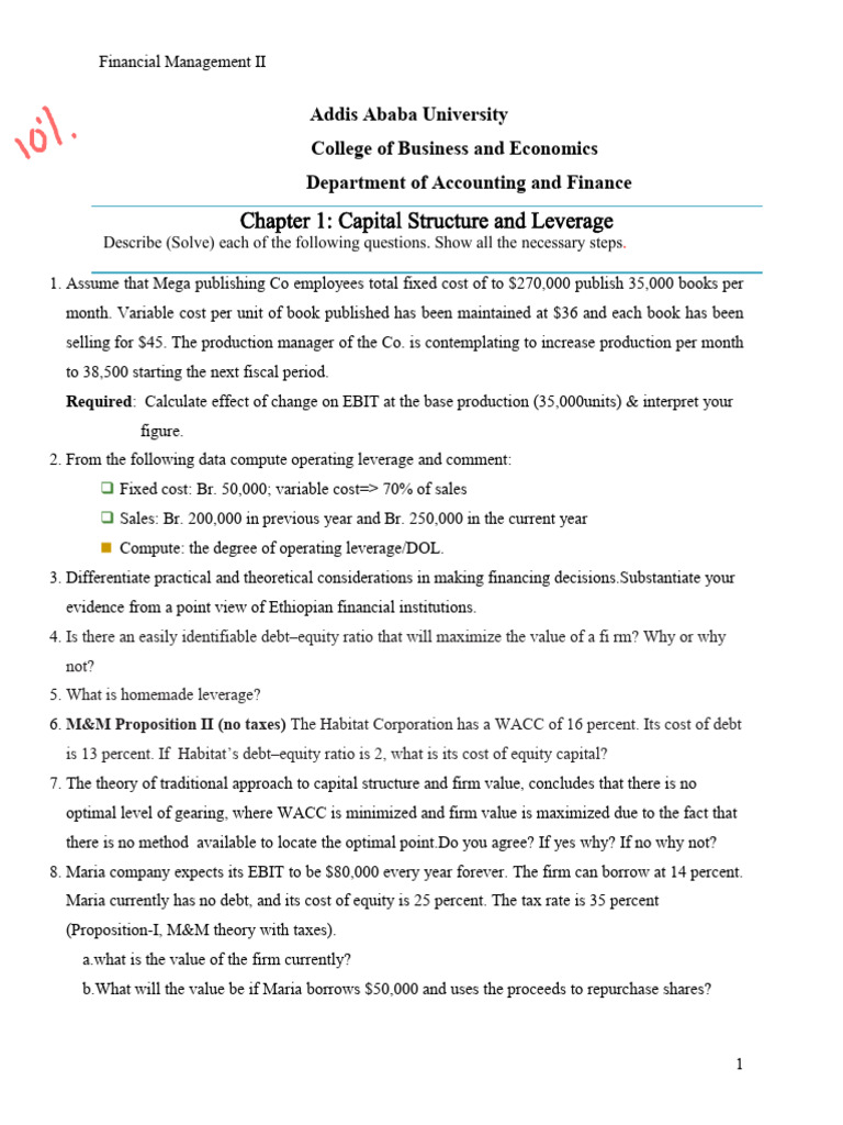 Assignment # 1 Capital Structure and Leverage | PDF | Capital Structure | Finance & Money Management