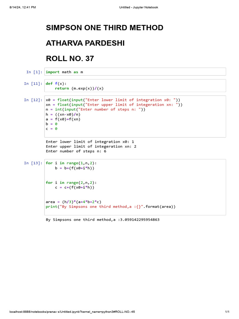 Simpson One Third Method Atharva Pardeshi Roll No. 37: Import As Def ...