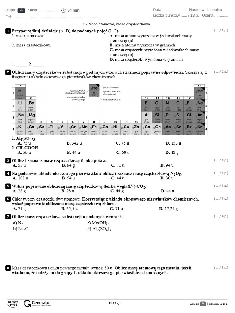 Masa Atomowa, Masa Cząsteczkowa Test (Z Widoczną Punktacją) | PDF