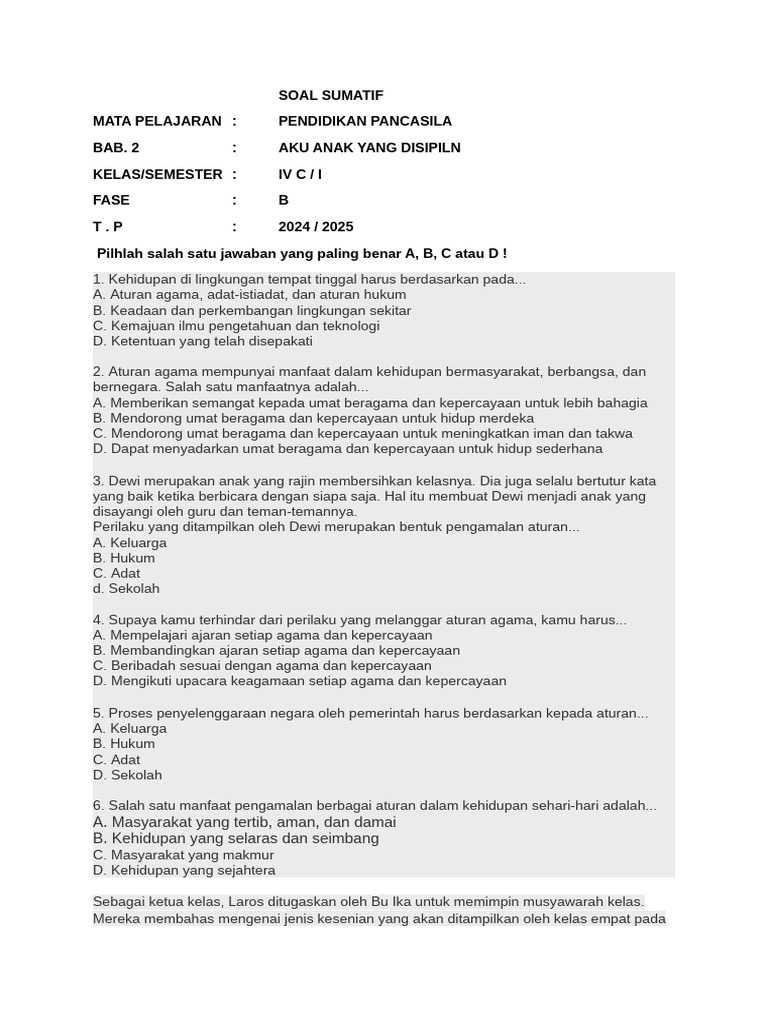 Soal PH PPKN Kelas 4C | PDF