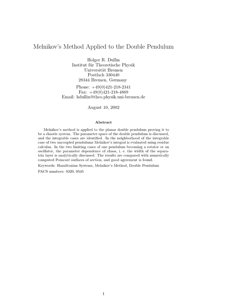 Melnikov's Method As Applied To The Double Pendulum | PDF | Perturbation Theory (Quantum ...