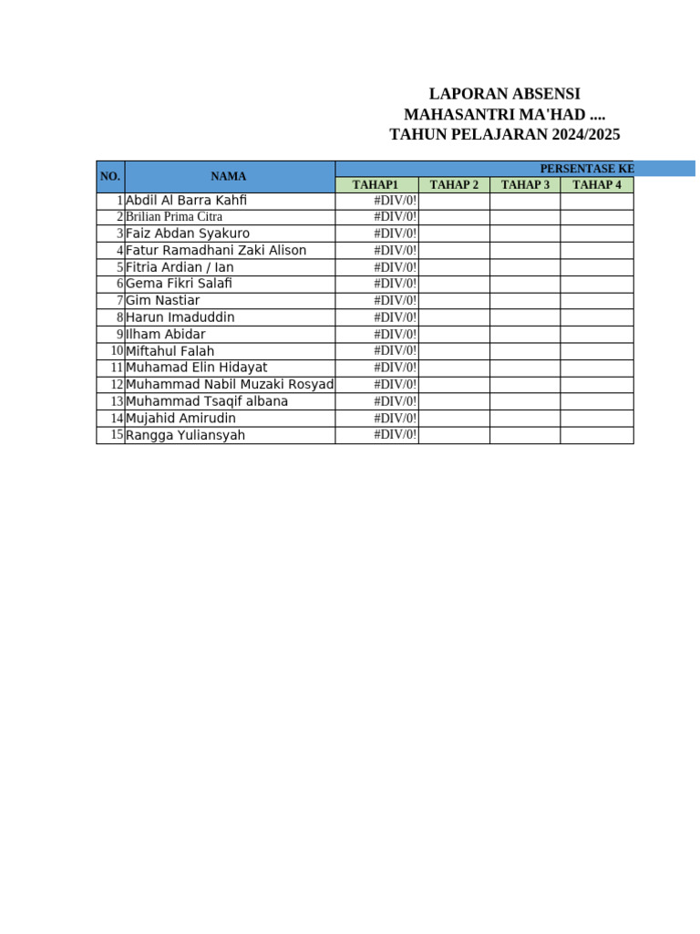Format Absensi Mahasiswa Ma'had Az-Zuman | PDF