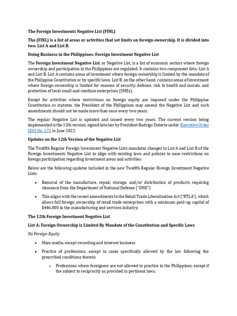 The Foreign Investments Negative List | PDF | Investing | Exchange Rate