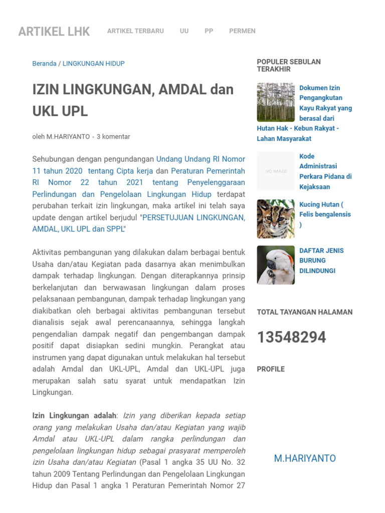 IZIN LINGKUNGAN, AMDAL Dan UKL UPL - ARTIKEL LHK | PDF