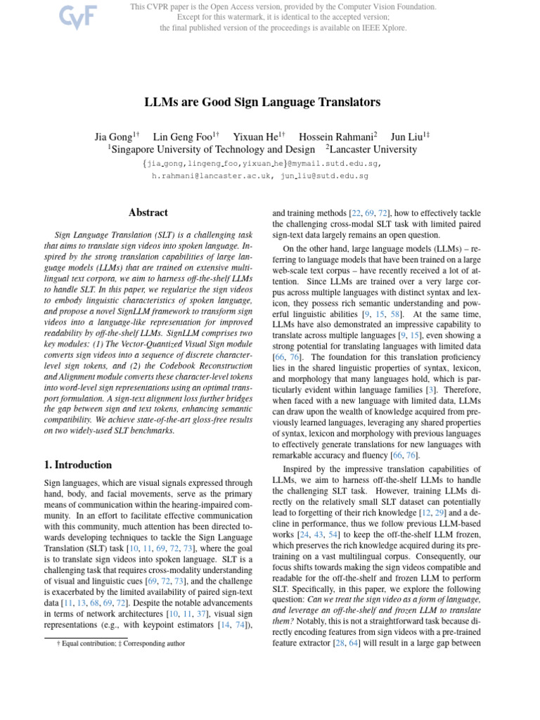 Gong LLMs Are Good Sign Language Translators CVPR 2024 Paper | PDF
