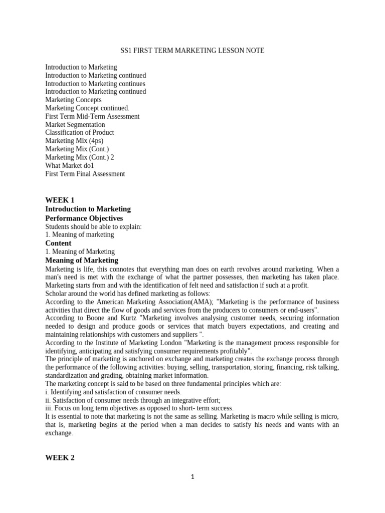 SS1 Marketing IST TERM Note | PDF