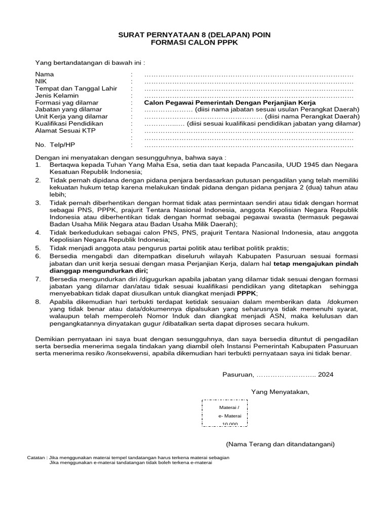 Surat Pernyataan 8 Poin & SPTJM Dokumen Pelamar | PDF