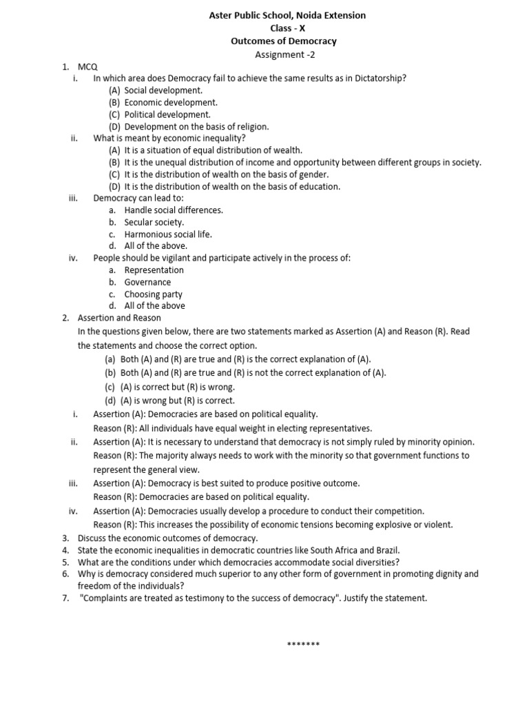 Assignment 2 10th civics ch-7 outcomes of democracy | PDF