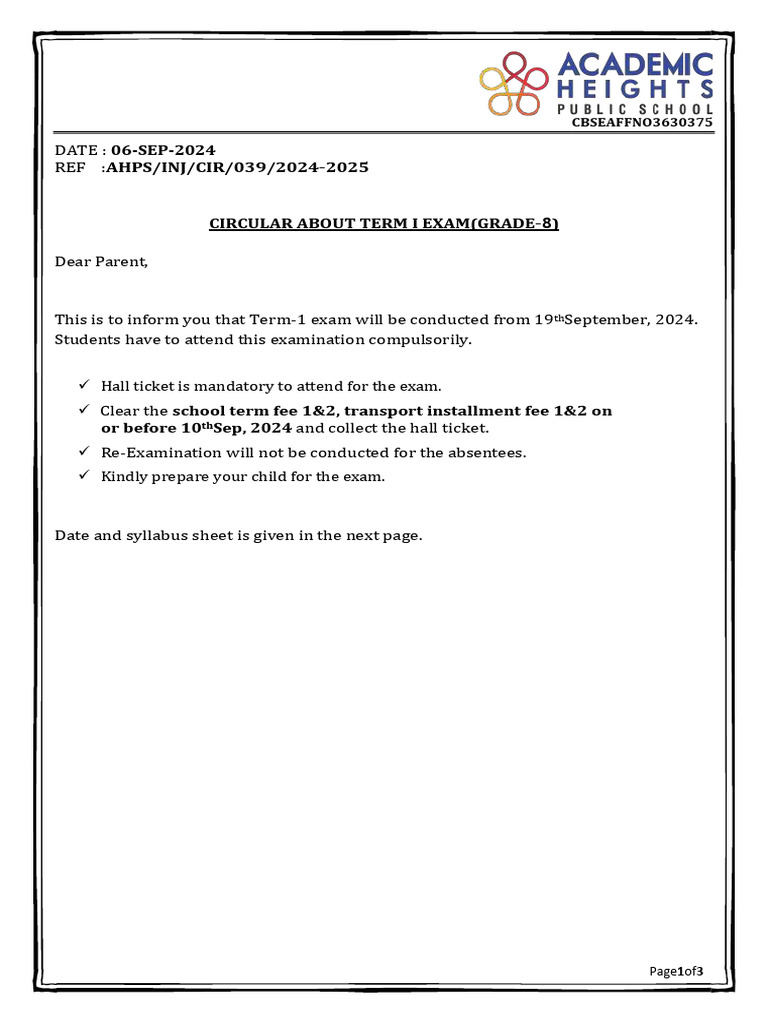 039 GRADE 8 CIRCULAR ABOUT TERM 1 EXAMS Updated 06-09-24 | PDF
