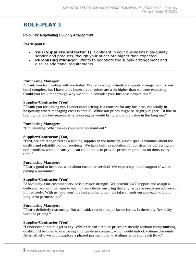 SITXMGT005 - Assessment - D - Role-Play 1 | PDF