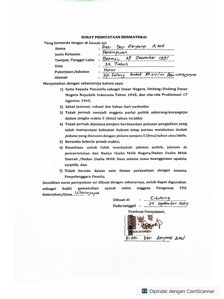 Surat Pernyataan Rizki | PDF