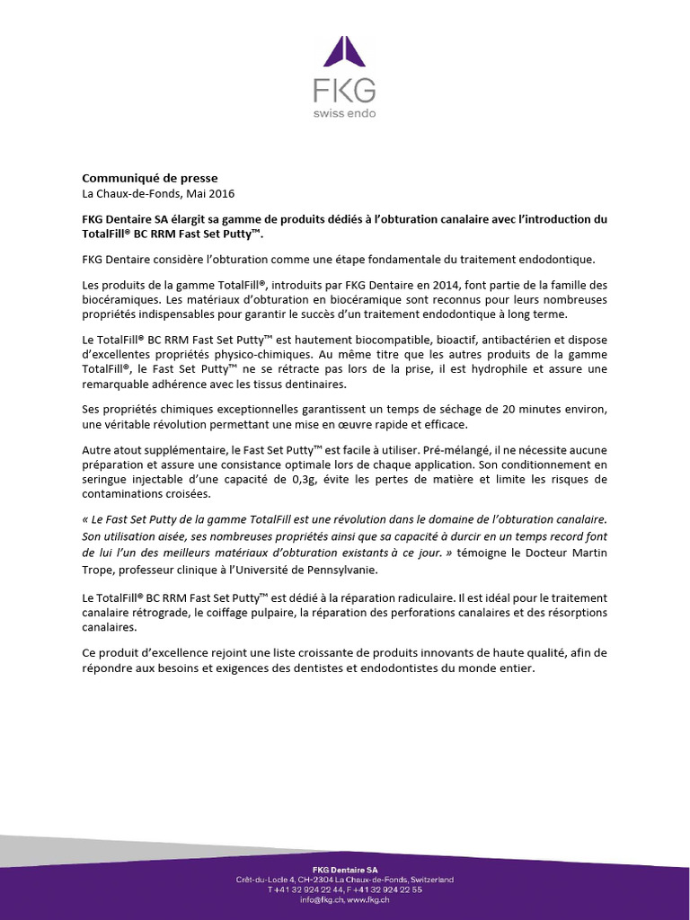FKG Totalfill FSP Press Release FR | PDF