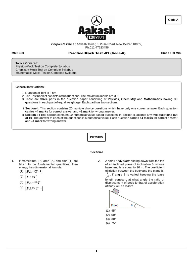 Practice Mock Test-2024 - T01 (Code-A) - Question | PDF