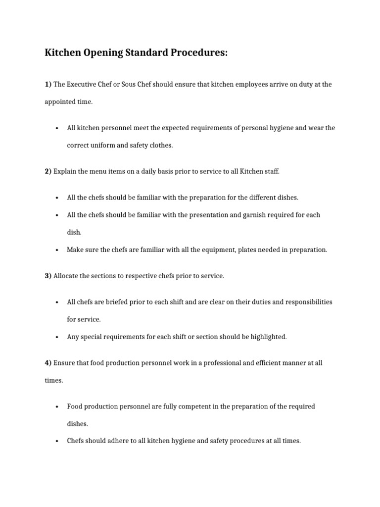 Kitchen Opening Standard Procedures | PDF