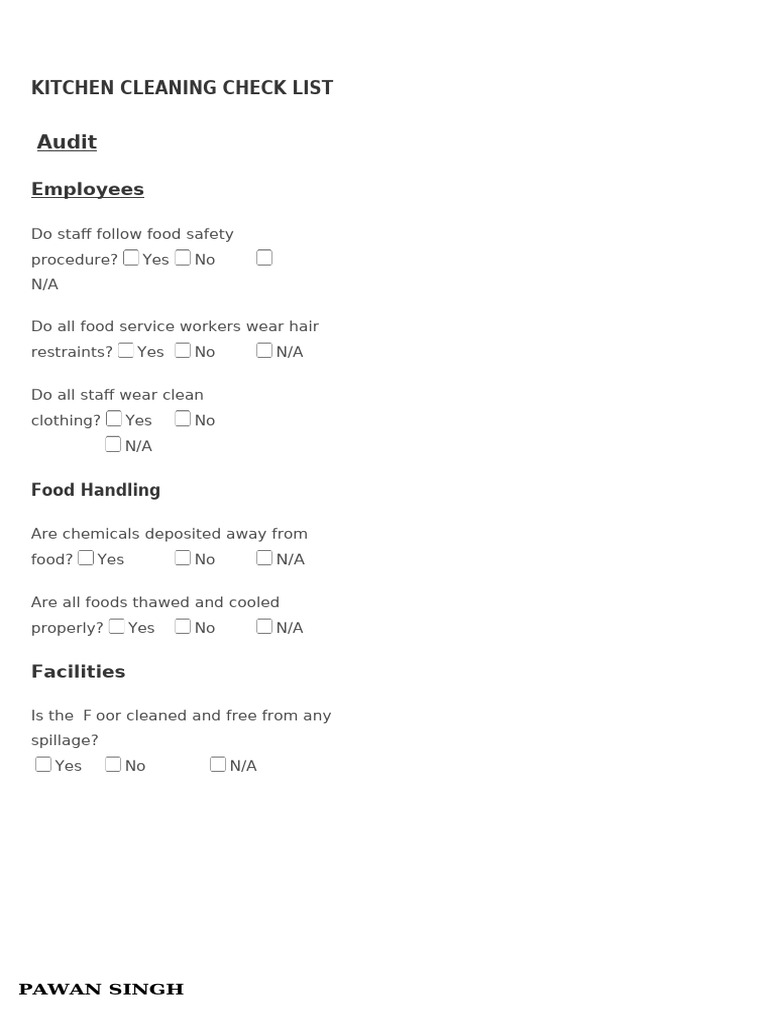 Kitchen Cleaning Sop Checklist | PDF