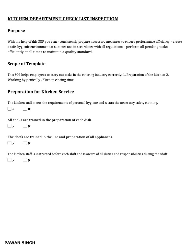 Kitchen Sop Checklist | PDF