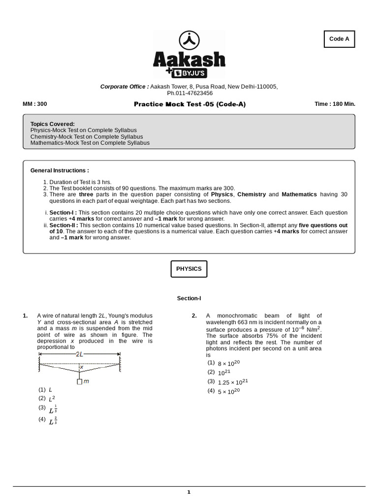 Practice Mock Test-2024 - T05 (Code-A) - Question | PDF