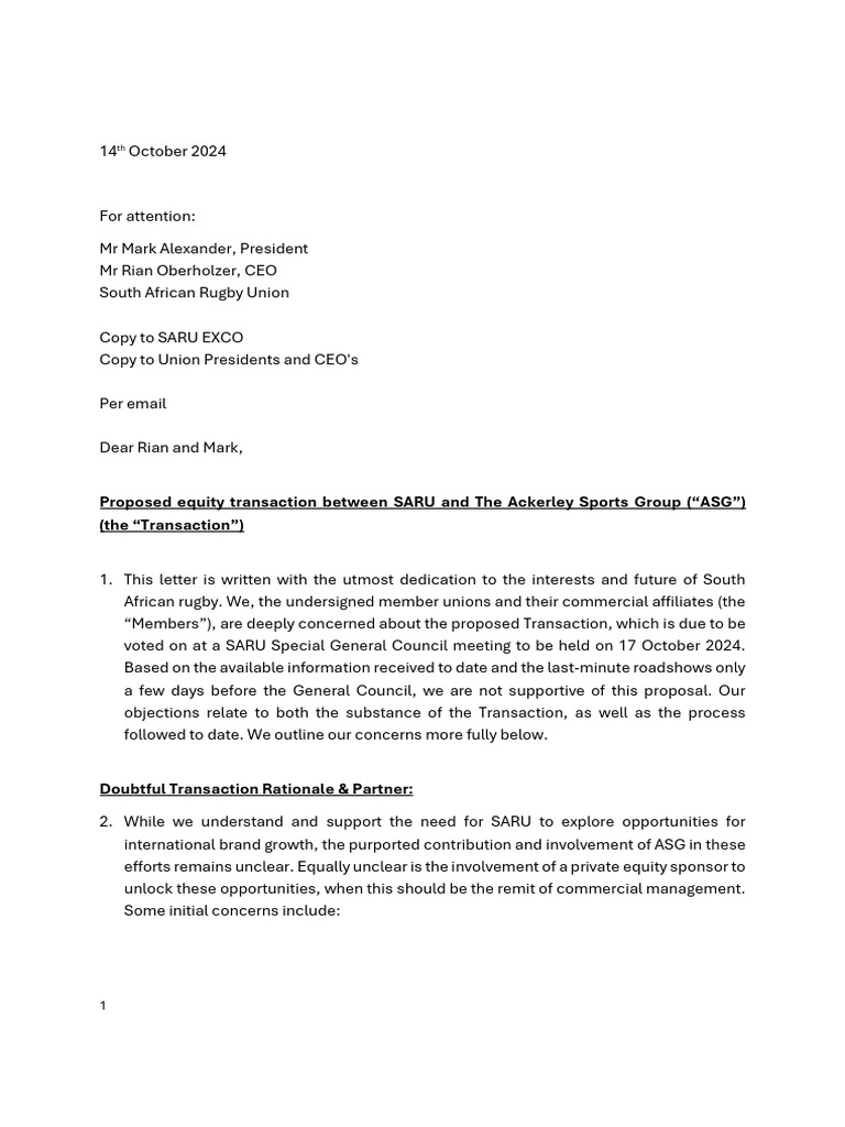 SARU ASG Transaction Issues - Signed | PDF | Investing | Equity (Finance)