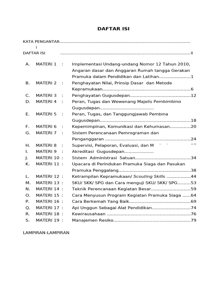 Daftar Isi Buku Materi Kursus Pengelola Gudep SD 24 Juli 2013 | PDF