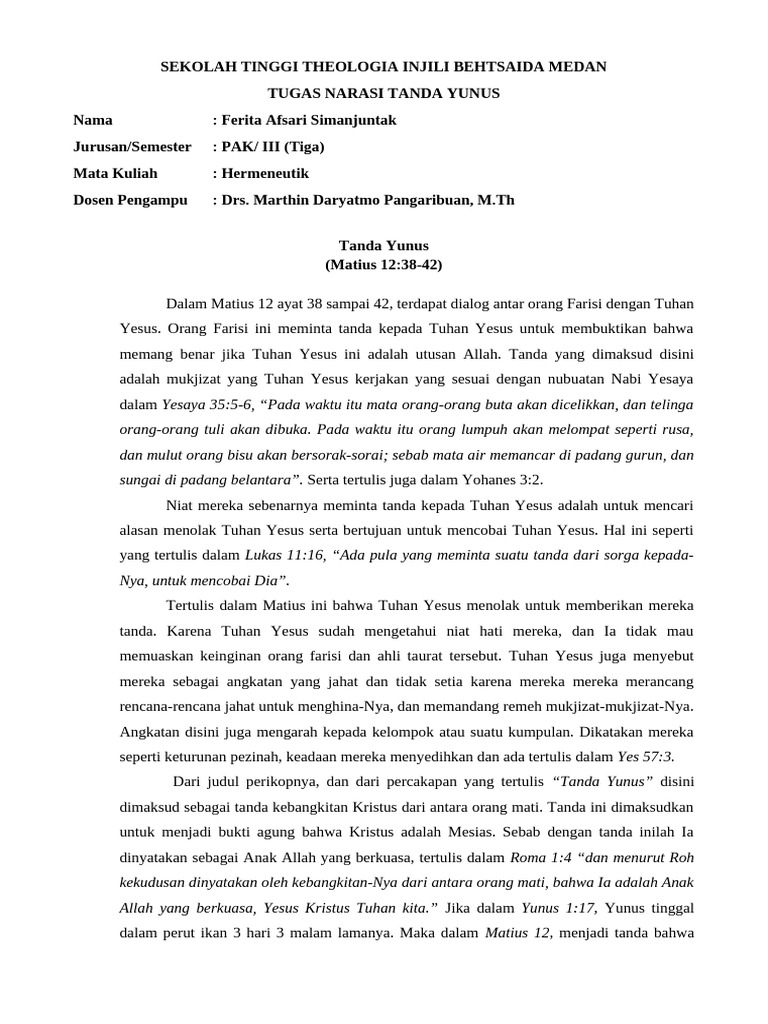 Tugas Hermeneutik 3 Narasi Tanda Yunus | PDF
