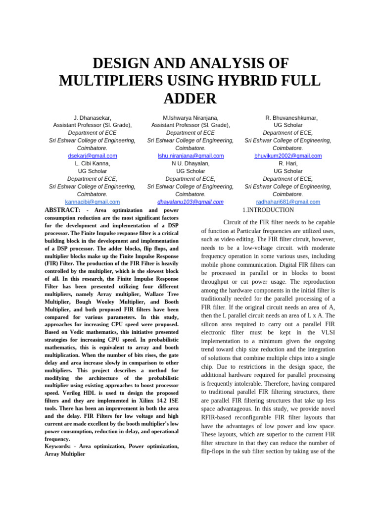 Design and Analysis of Multipliers Using Hybrid Adders | PDF