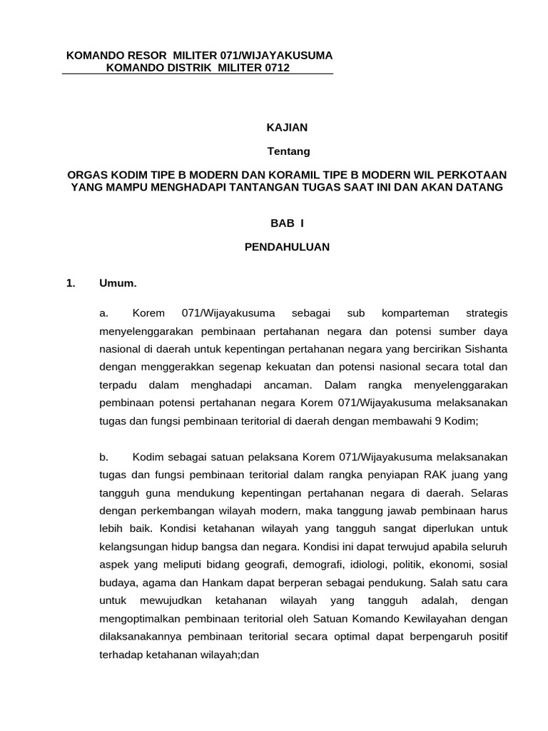 Naskah Kajian Kodim Type B Modern Dan Koramil Type B Modern Korem 071 | PDF
