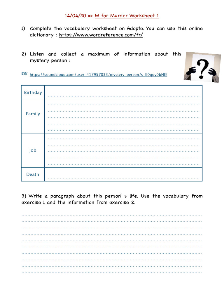 M For Murder Worksheet 1 | PDF