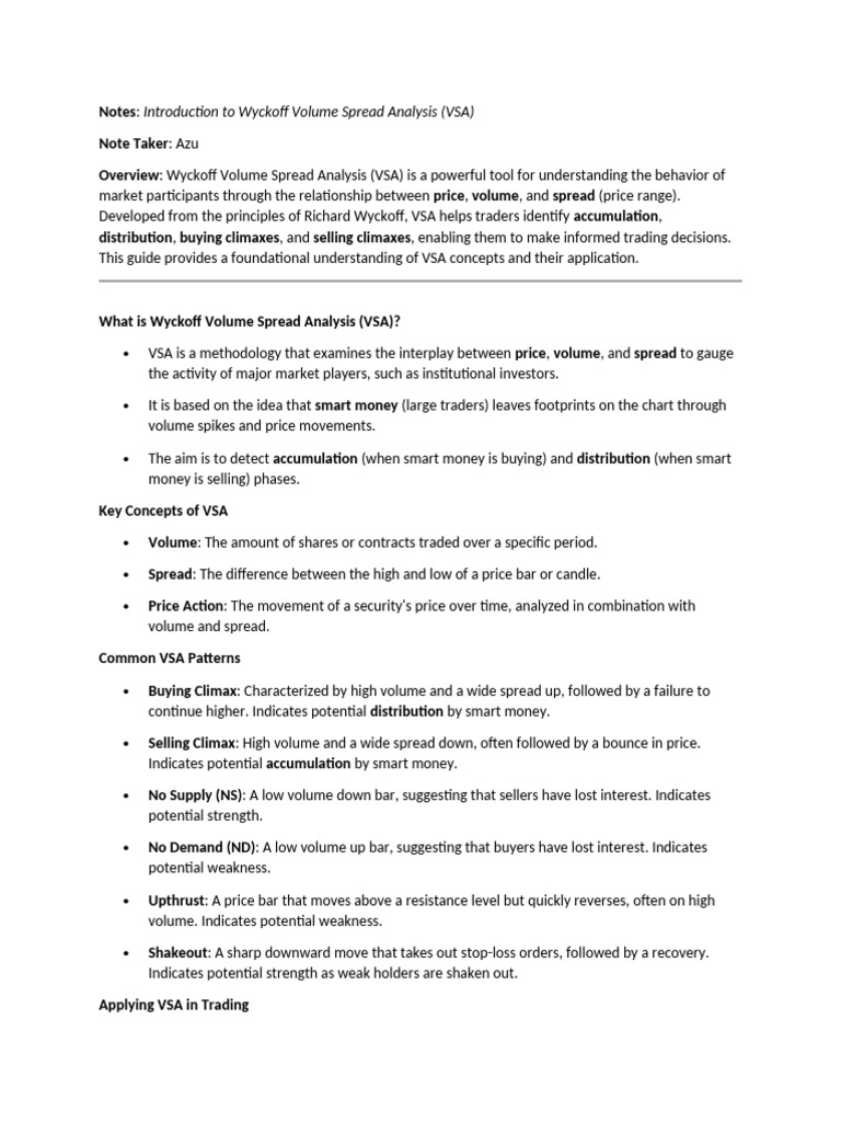 Azu Notes - Introduction To Wyckoff Volume Spread Analysis (VSA) | PDF