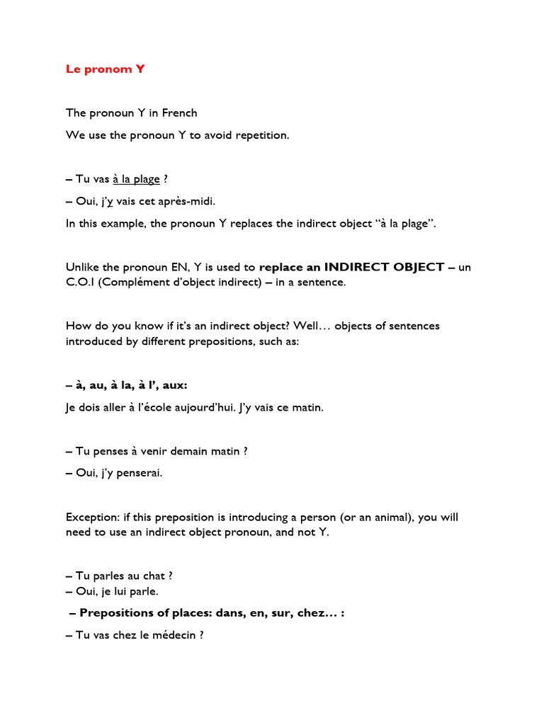 Le Pronom Y | PDF