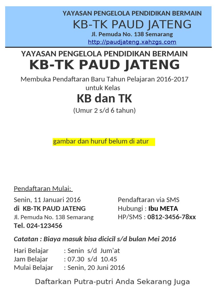 Contoh Brosur PSB Penerimaan Murid Paud | PDF