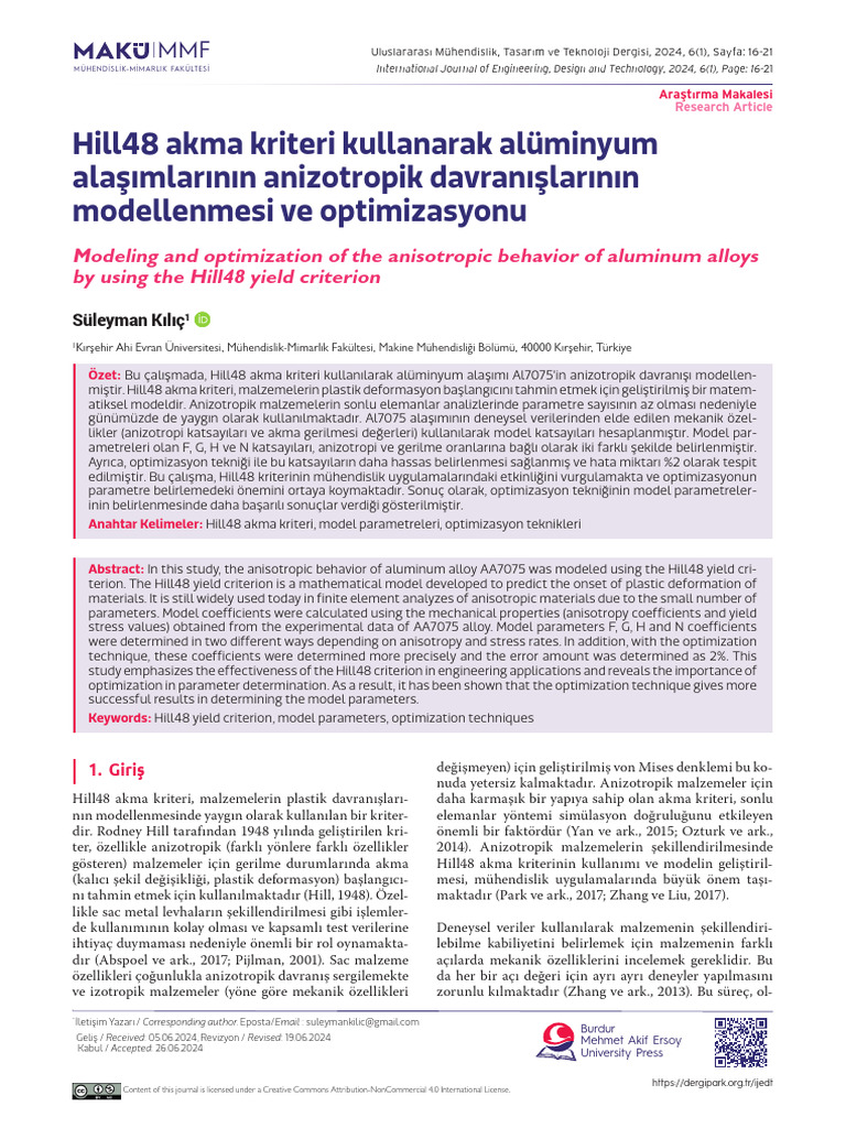 Hill48 Akma Kriteri Kullanarak Al - Minyum Ala - Mlar - N - N Anizotropik Davran - Lar - N - N ...