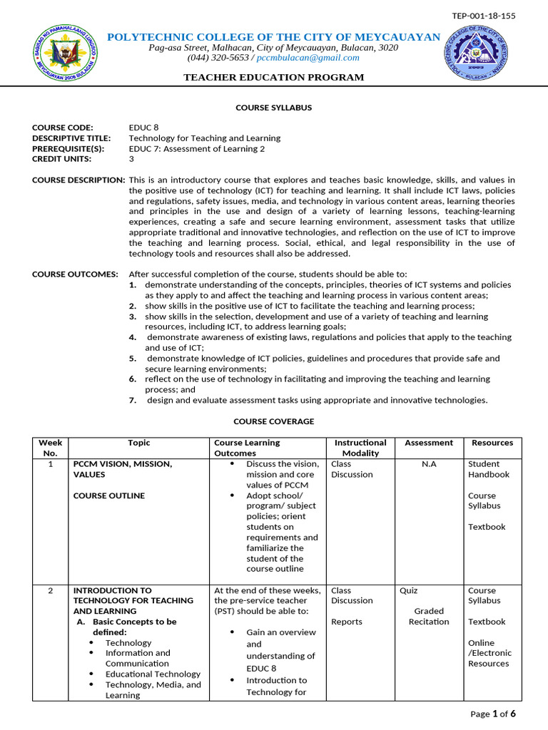 EDUC 8 SYLLABUS 2023 2024 Alaba Joshua | PDF