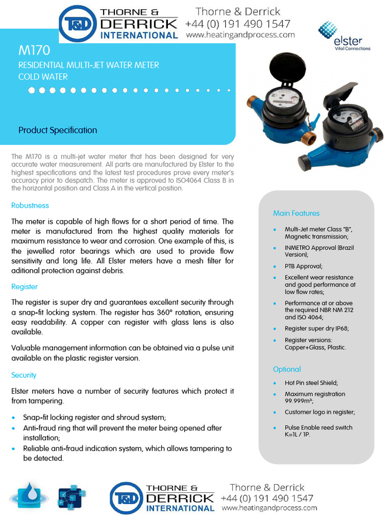 Elster M170 Water Meter Product Data Sheet | PDF