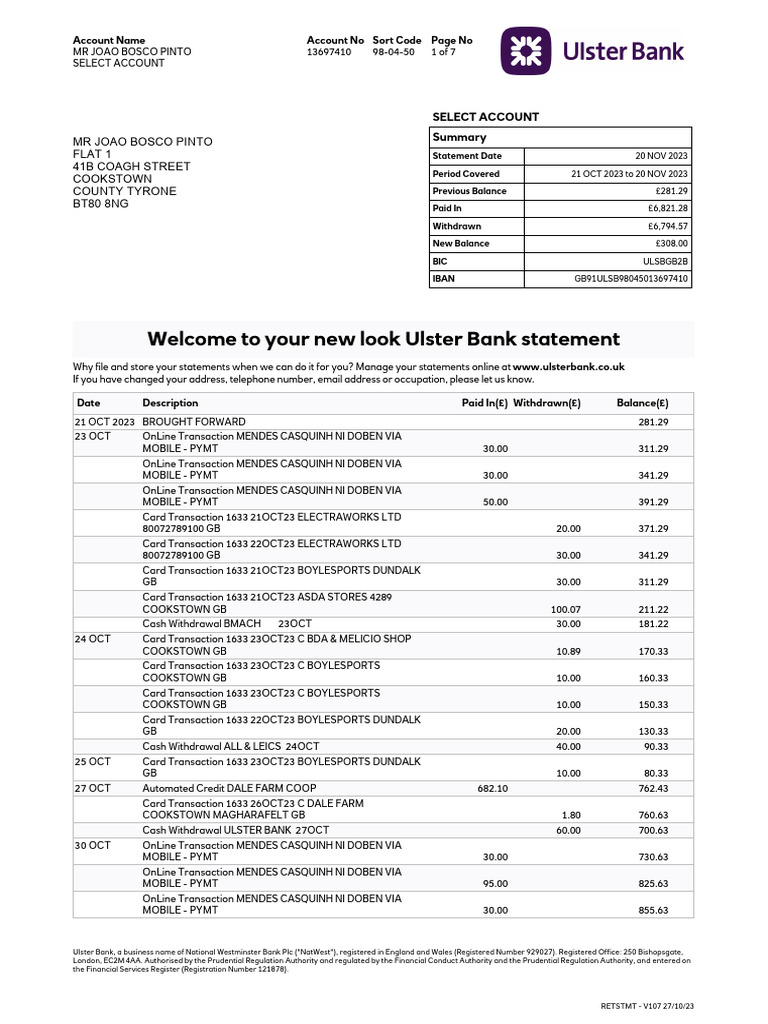 Ulster Bank Statement Summary | PDF | Overdraft | Banking